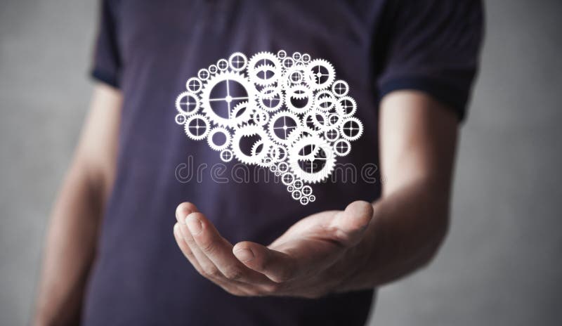 Man Holding Human Brain from Gears and Cogs Mechanism Stock Photo ...