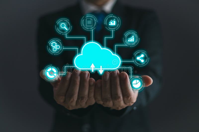 Man Holding Icon Cloud Computing Diagram Show on Hand. Data Storage.cloud Technology Stock Photo ...