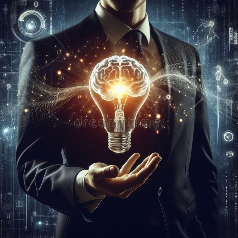 Man Holding Illuminated Brain Bulb Stock Photo - Image of intelligence ...