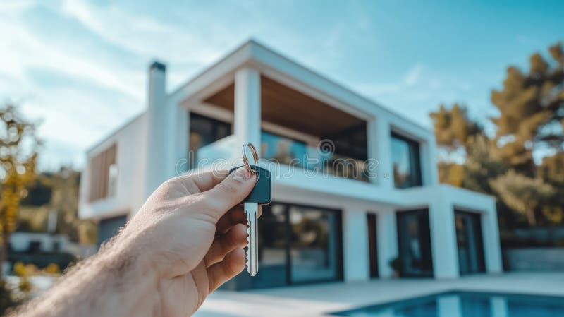 A Man is Holding a Key in Front of a Large House Stock Illustration ...