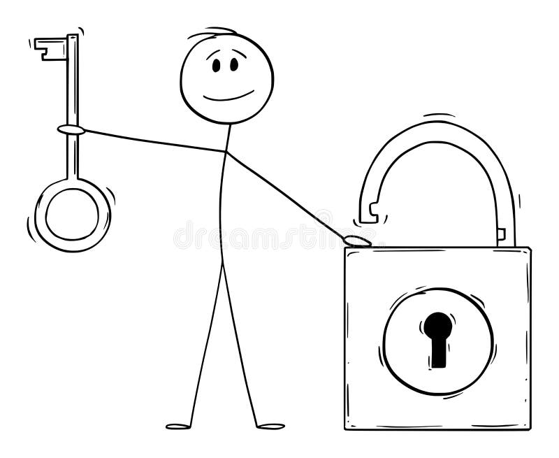 Man Holding Key and Lock, Security Concept, Vector Cartoon Stick Figure ...
