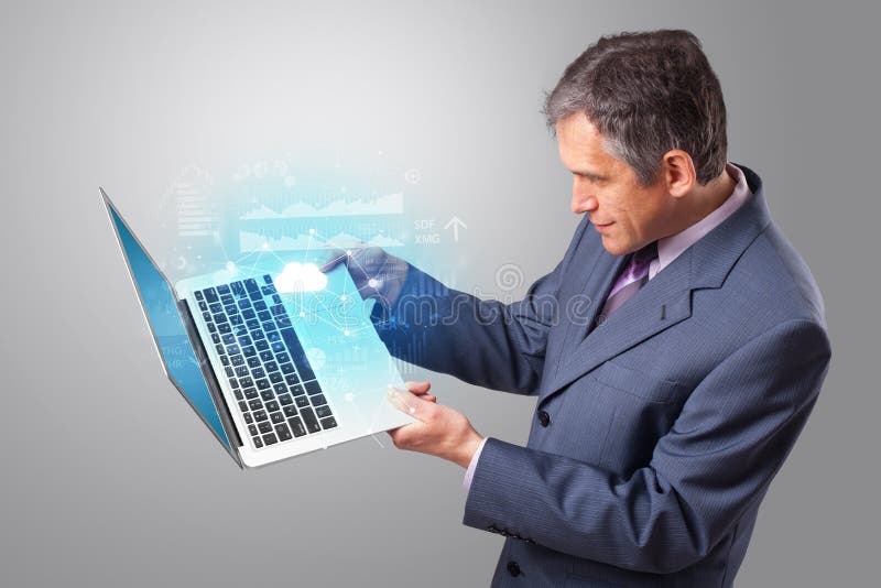Man Holding Laptop with Cloud Based System Concept Stock Photo - Image ...