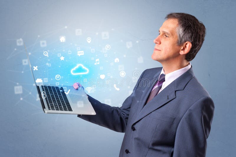 Man Holding Laptop with Cloud Based System Notifications Stock Photo ...