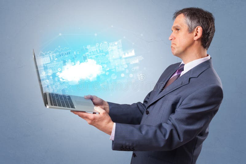 Man Holding Laptop with Cloud Based System Notifications Stock Image ...