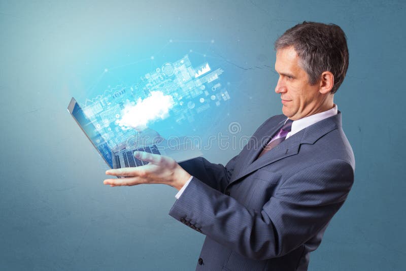 Man Holding Laptop with Cloud Based System Notifications Stock Image ...