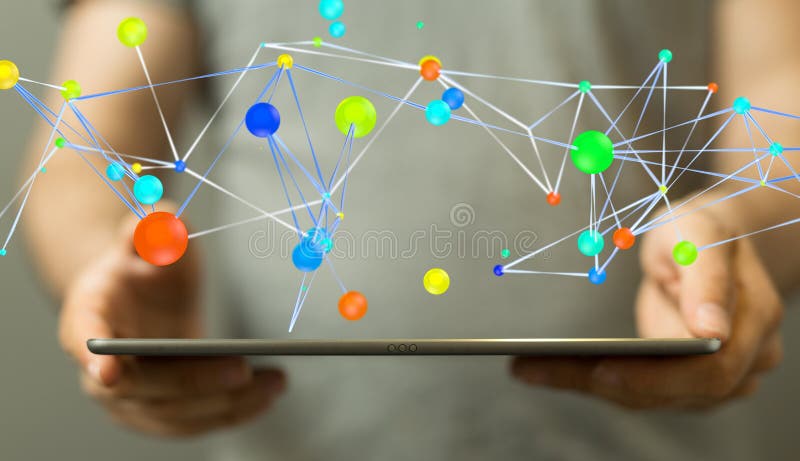 Man Holding a Laptop and Colorful Circles Connected Together- Data ...