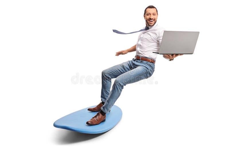 Man Holding Laptop Computer Riding Surfboard Stock Photos - Free ...