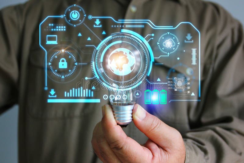 Man Holding Light Bulb with Digital Futuristic Technology Icon Verify ...