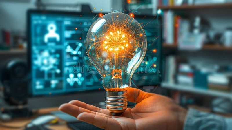 Man Holding Light Bulb Near Working Computer, Idea Generation Concept ...