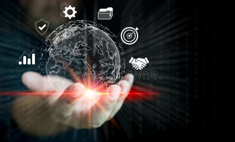 Man Holding Light Bulb with Virtual Global Internet Connection Stock ...