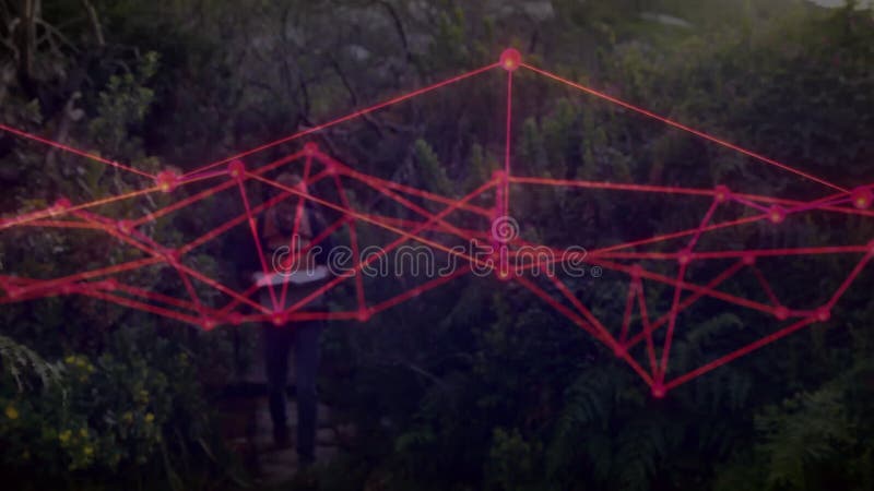 Man Holding Map Navigating Forest Path, with Neon Network Overlay ...
