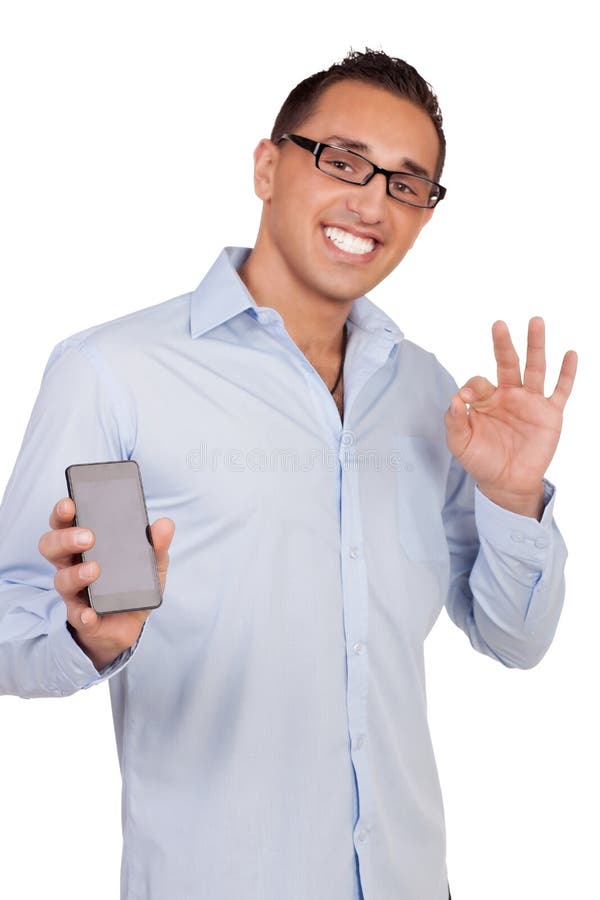 Man Holding a Mobile Giving a Perfect Gesture Stock Photo - Image of ...