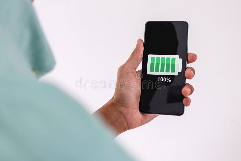 Man Holding a Mobile Phone with Full Battery 100 Percent Symbol on ...