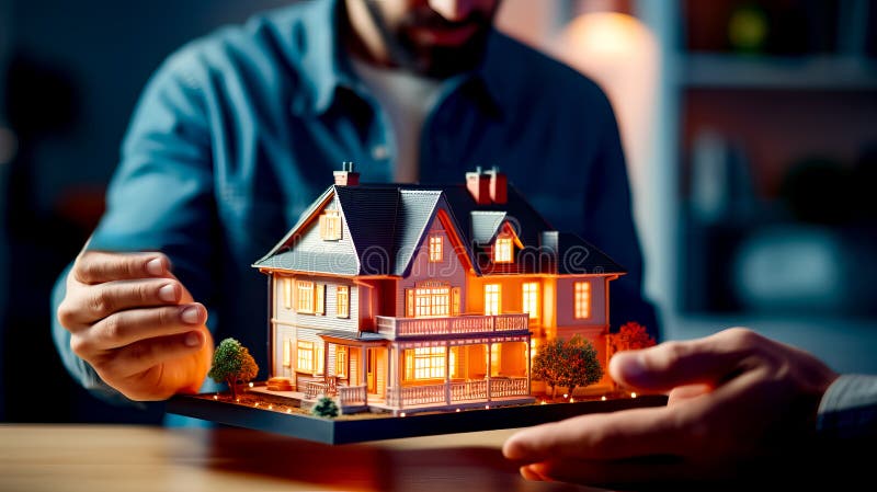 Man Holding Model of House with Lit Up Front of it. Generative AI Stock ...
