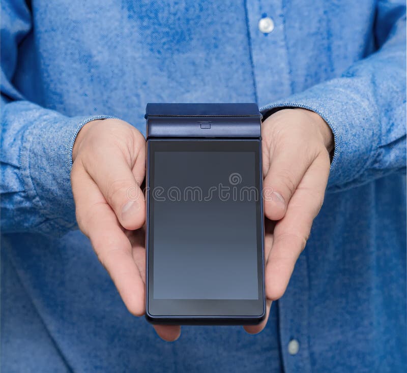 The Man is Holding a Modern Blue Terminal Stock Photo - Image of debit ...