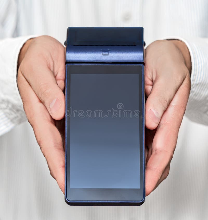The Man is Holding a Modern Blue Terminal Stock Image - Image of ...