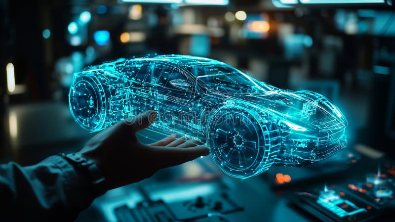 Man Holding Modern Smart Car Hologram in His Hands. Engineer Using Blue ...