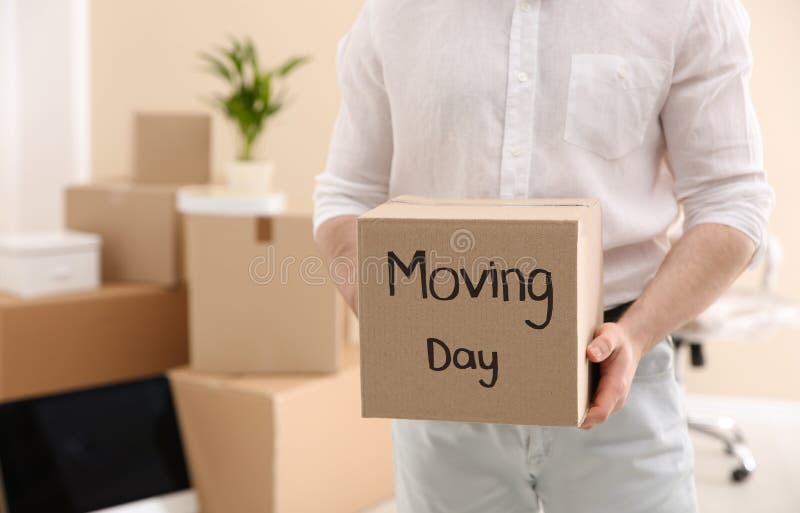 Man Holding Moving Box in New Office, Closeup Stock Image - Image of ...