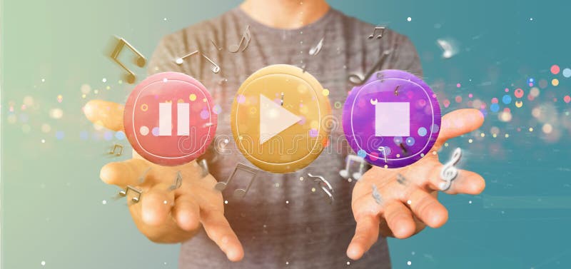 Man Holding a Music Button and Notes Playing 3d Rendering Stock Image ...