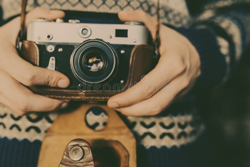 Man Holding Old Retro Camera in Hands Stock Image - Image of taking ...