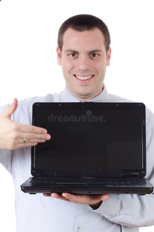 Man Holding Open Laptop Showing it with a Smile Stock Photo - Image of ...