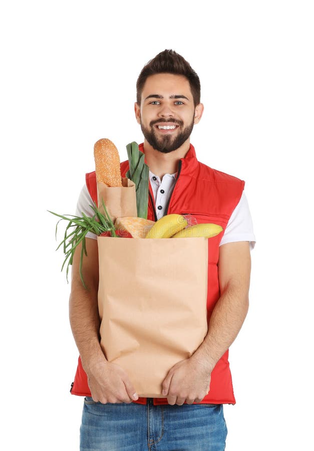 Man Holding Paper Bag with Fresh Products on White. Food Delivery ... Man Holding Paper Bag with Fresh Products on White. Food Delivery ...