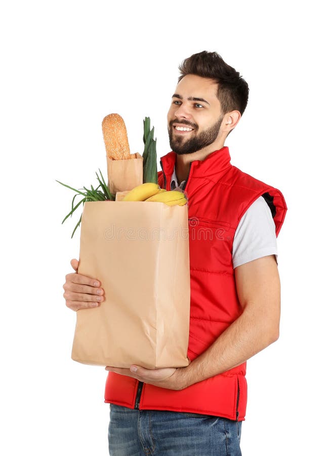 Man Holding Paper Bag with Fresh Products on White Background. Stock ... Man Holding Paper Bag with Fresh Products on White Background. Stock ...