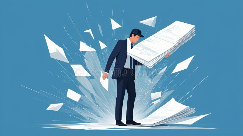 Man Holding Paper Stack with Flying Sheets Stock Illustration ...