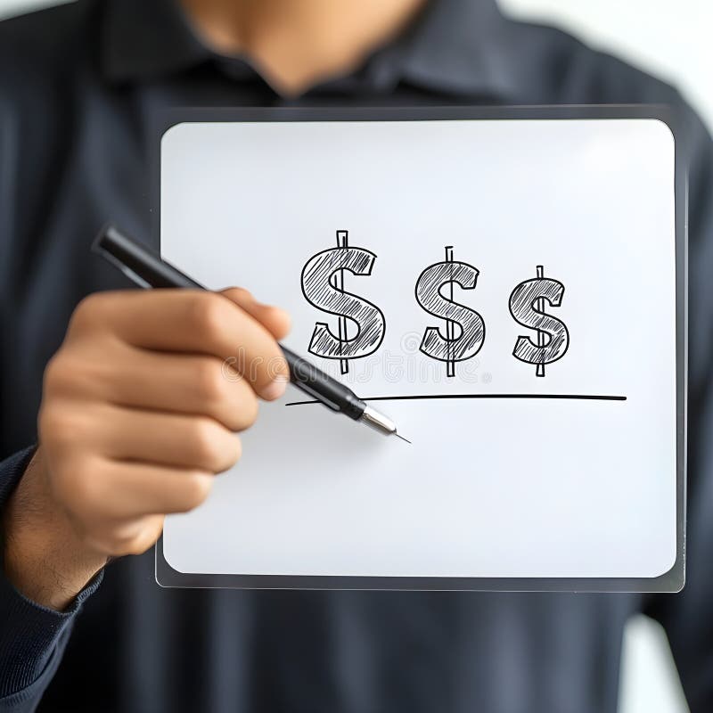 A Man is Holding a Pen and Drawing Three Dollar Signs on a White Board ... A Man is Holding a Pen and Drawing Three Dollar Signs on a White Board ...