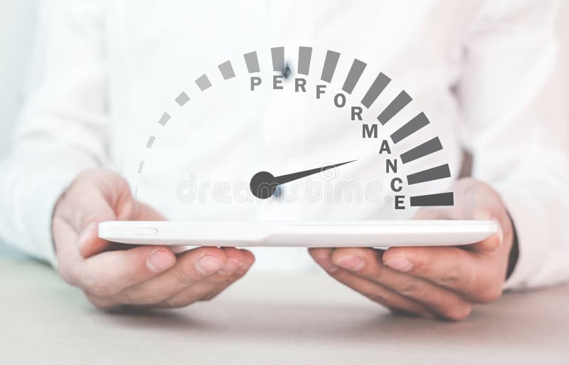 Man Holding Performance Speedometer. Business Concept Stock Photo ...