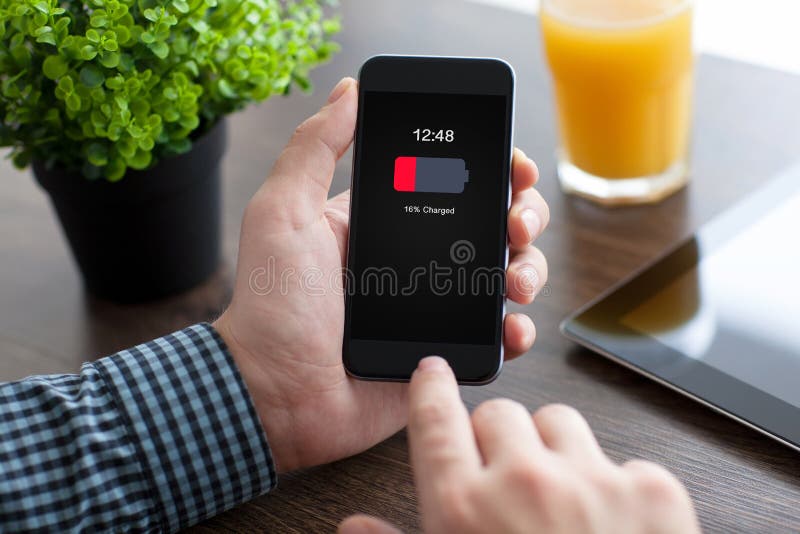 Man Holding Phone with Low Charged Battery on Screen Stock Image ...