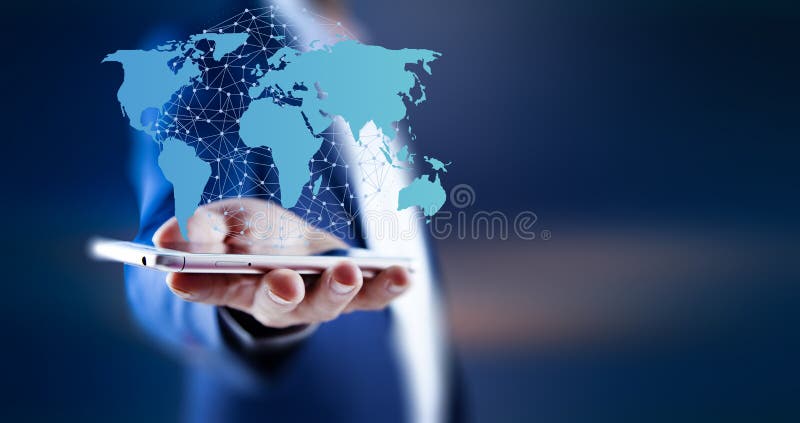 Man Holding Phone and World Map Stock Photo - Image of concept, screen ...