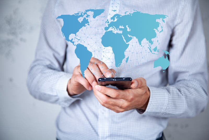 Man Holding Phone and World Map Stock Image - Image of business ...