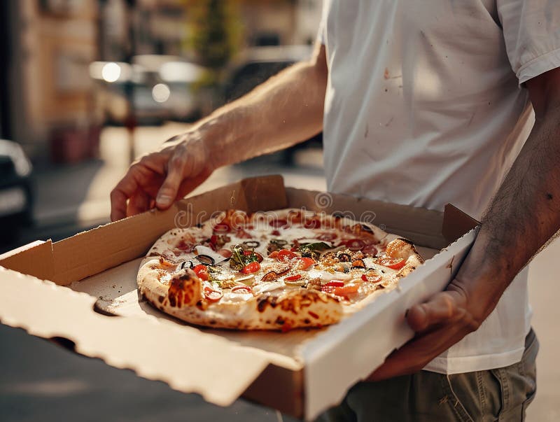 Man Holding Pizza in Pizza Box Stock Illustration - Illustration of ...