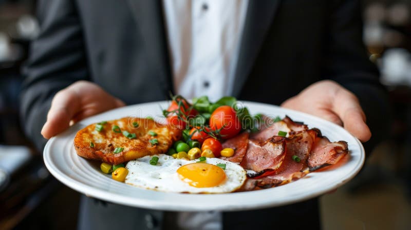 A Man Holding a Plate of Food with Eggs, Bacon and Tomatoes, AI Stock ...