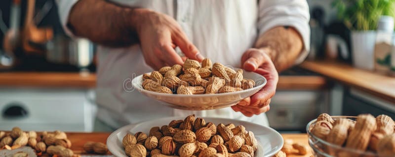 Man Holding a Plate of Peanuts in a Kitchen Setting Stock Image - Image ...