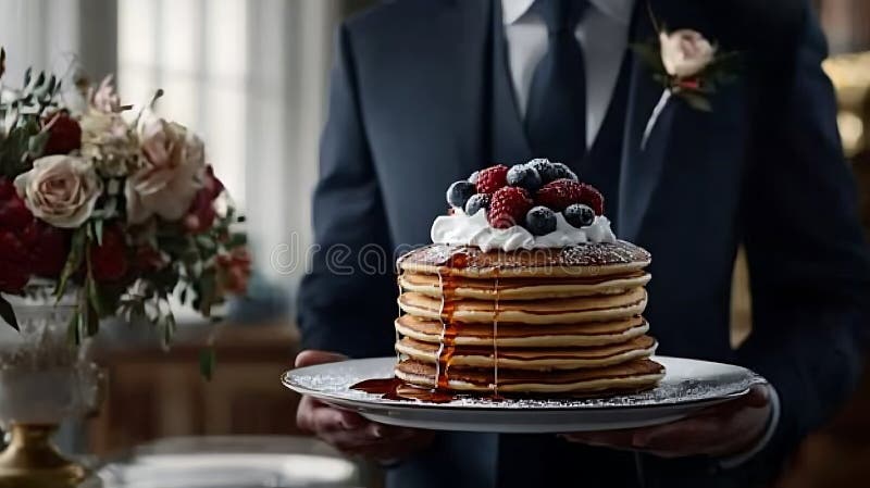 A Man is Holding a Plate with a Stack of Pancakes Topped with Whipped ...