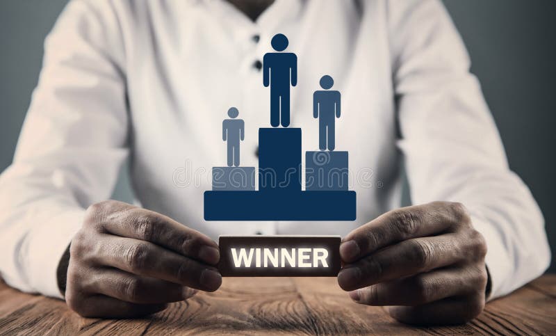 Man Holding Podium Winners with a Human Icons. Winner Stock Image ...