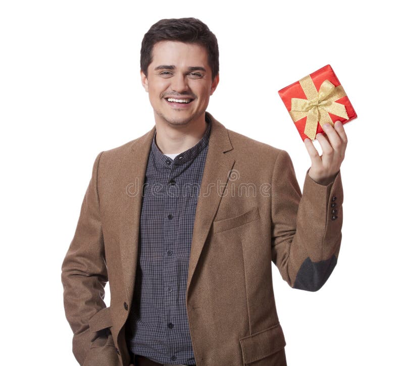 A Man Holding Present Box on White Background. Stock Photo - Image of ...