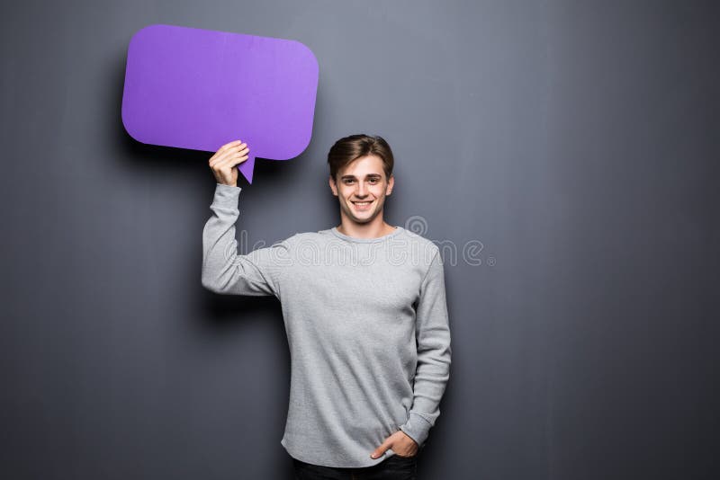 Man Holding Purple Blank Speech Bubble Space Text Stock Photos - Free ...