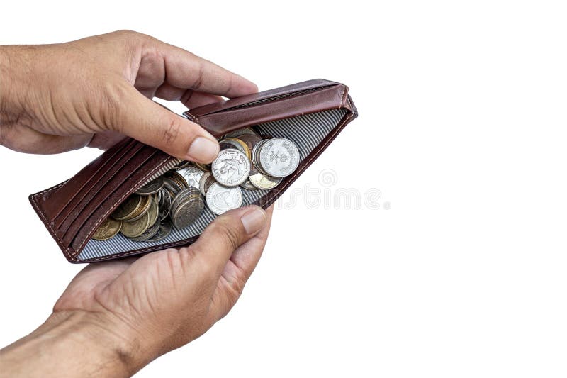 A Man Holding a Purse Full of Coins Isolated on White Background Stock ...