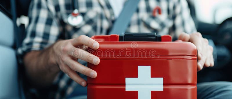 Man Holding a Red First Aid Kit. Generative Ai Stock Illustration ...