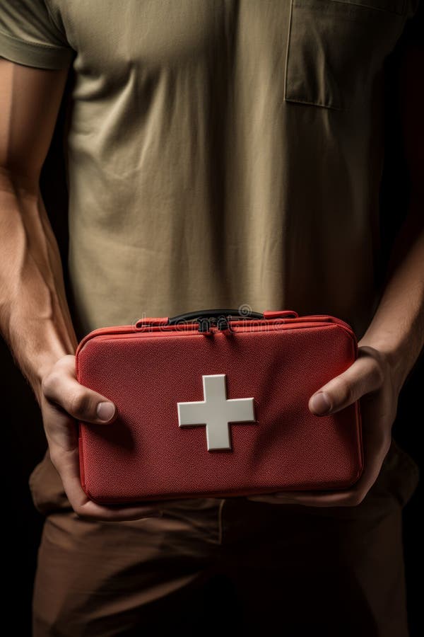 Man Holding Red First Aid Kit in His Hands. Generative AI Stock ...