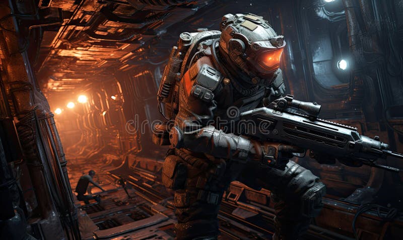 Photo of a Man Holding a Futuristic Rifle in a Sci-fi Setting Stock ...