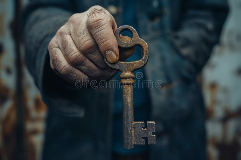 Man Holding Rusty Key To Success after Solving Problem Stock Image ...