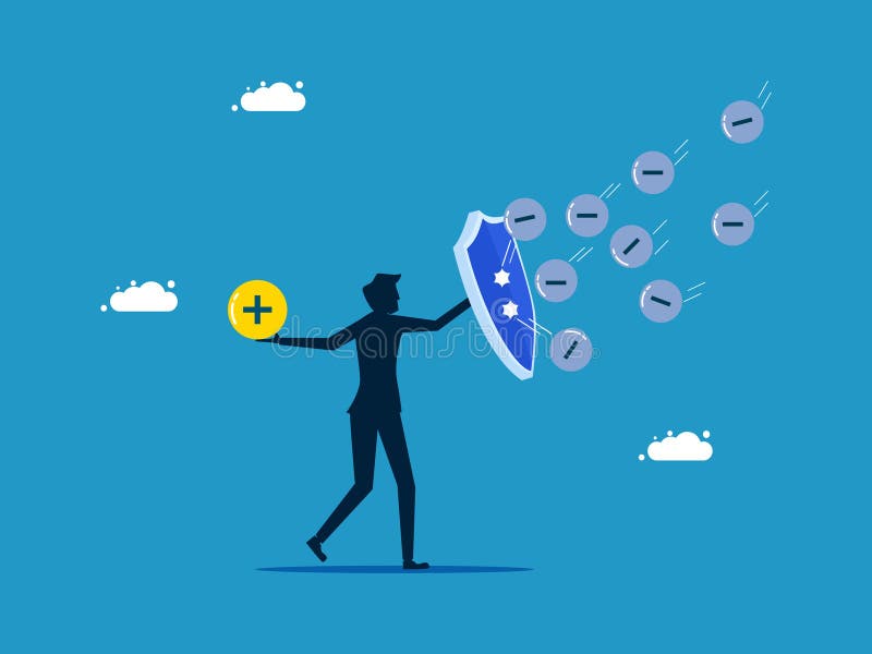 Man Holding a Shield Against the Attack of Negative Thoughts. Protect ...