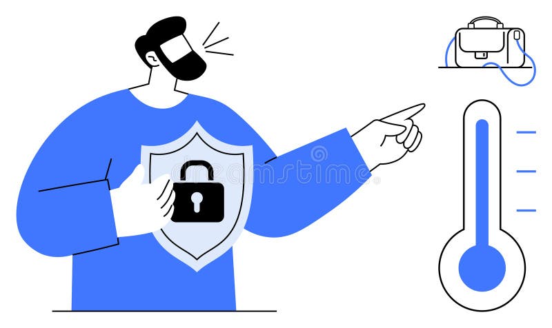 Man Holding Shield with Lock Icon, Pointing at Briefcase and ...