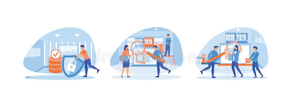 Man Holding Shield and Server or Hard Disks, Searching Files in Database. Stock Vector ...