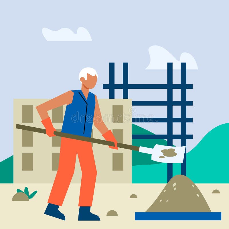 Man Holding Shovel and Pouring Cement. Construction Process Concept ...