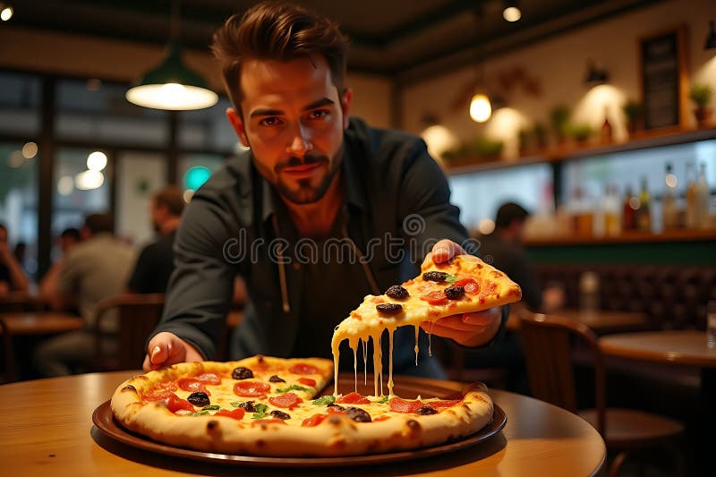 A Man is Holding a Slice of Pizza with a Beard Stock Image - Image of ...